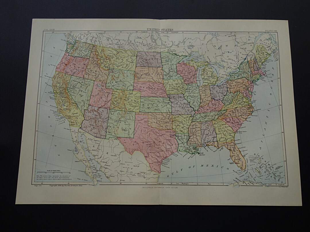 United States Map - 1888 Original Old Large Antique English Print About ...