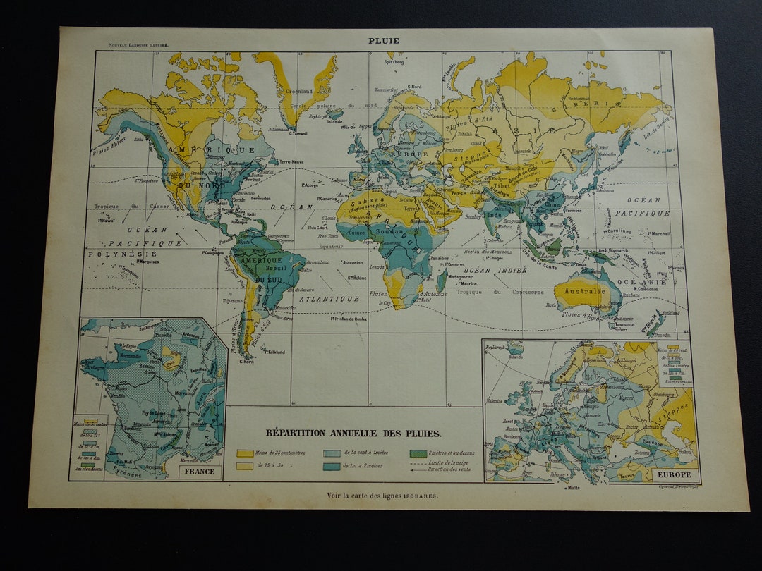 Old Weather Map 1902 Original Antique French Worldmap About Rain ...