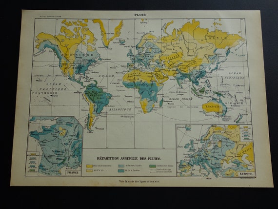 Old weather map 1902 original antique French worldmap about | Etsy