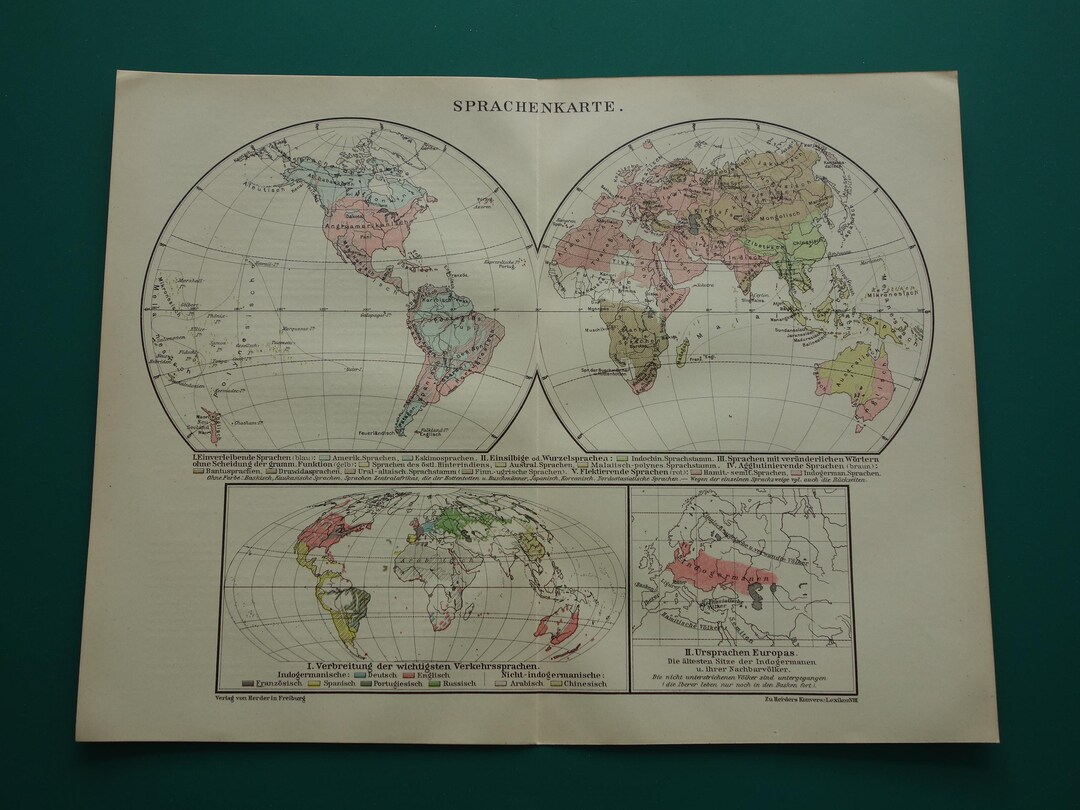 LINGUISTIC World Map Vintage 1921 Original Antique German Print of ...