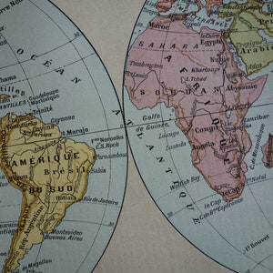 Old World Map 1902 Original Antique French Double Hemisphere Worldmap ...