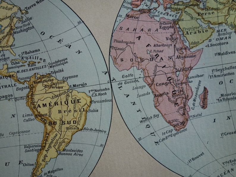 Old world map 1902 original antique French double hemisphere | Etsy