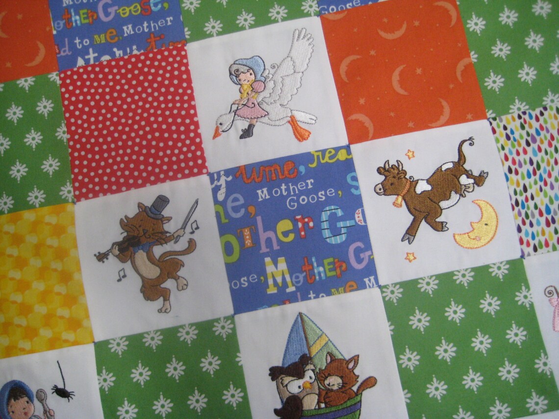 MADE TO ORDER Mother Goose Embroidered Patchwork Baby Quilt | Etsy