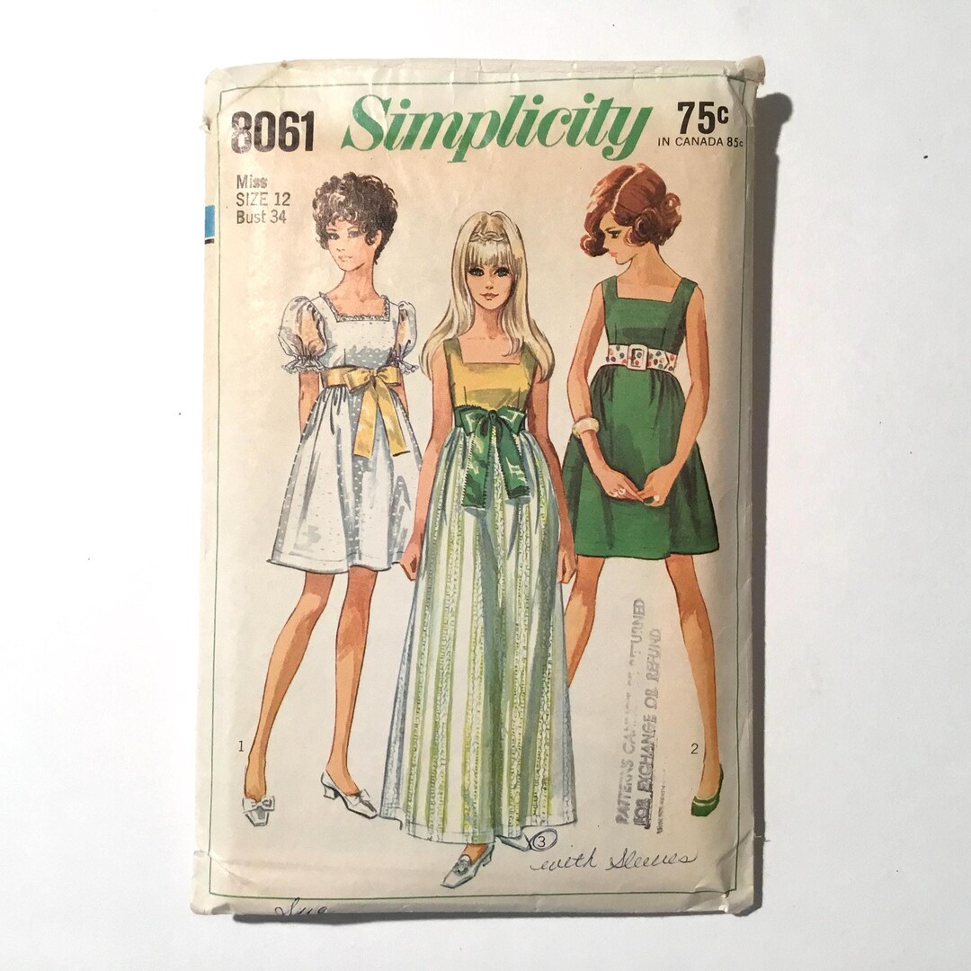 Vintage 60s Empire Waist Dress. Square Neckline. Simplicity 8061 Sewing ...