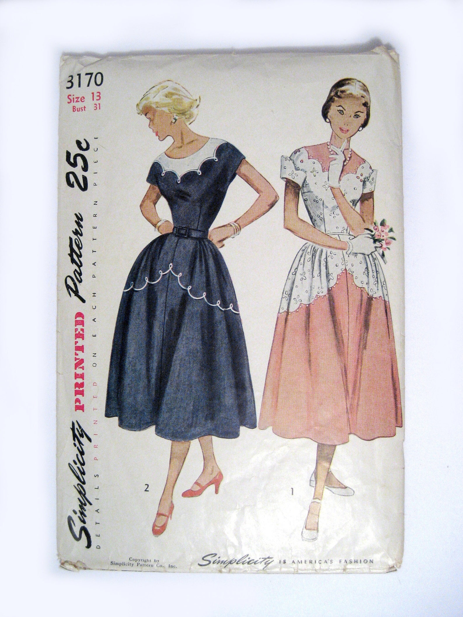 Vintage 50s Dress, Scalloped Neckline and Skirt Topstitch Detail ...