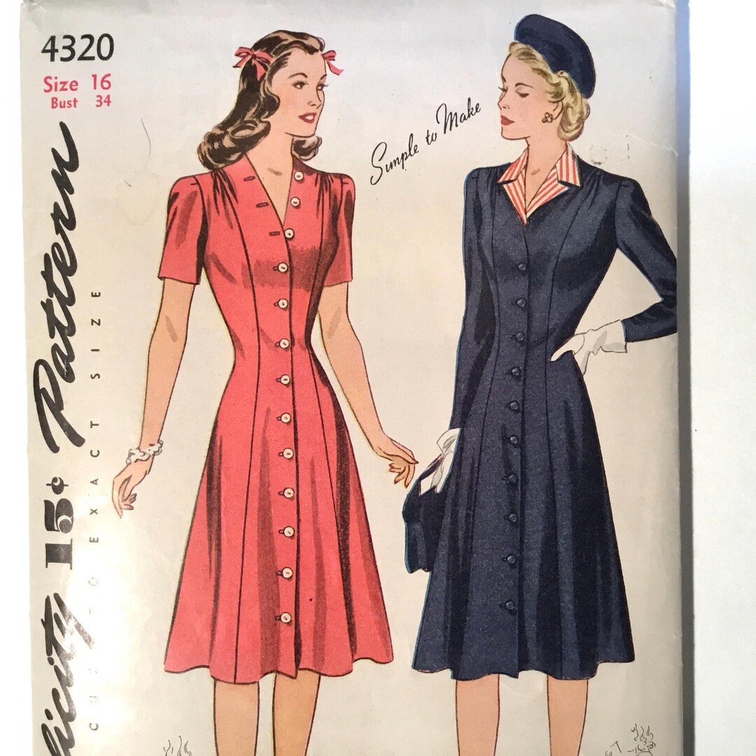 Vintage 40s Day Dress, Princess Seam, Button Front. Simplicity Sewing ...