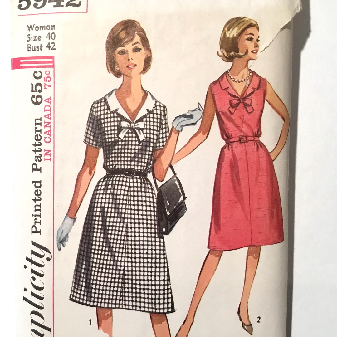 Vintage 60s One Piece Dress, Detachable Collar, V Neckline. Simplicity ...