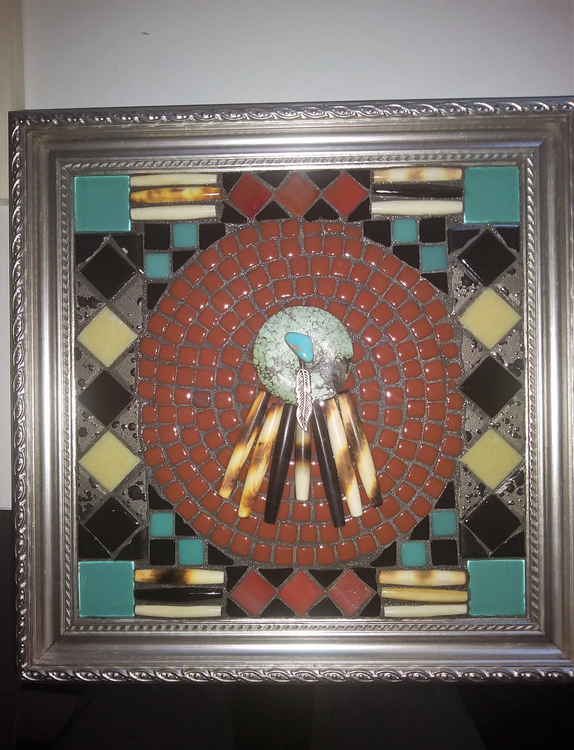 MOSAIC ART in Frame, Mixed Media,ooak,turquoise,bone,silver,black,coral ...