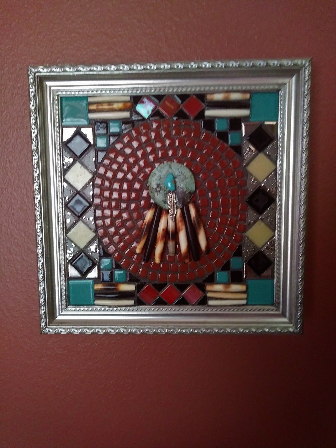 MOSAIC ART in Frame, Mixed Media,ooak,turquoise,bone,silver,black,coral ...