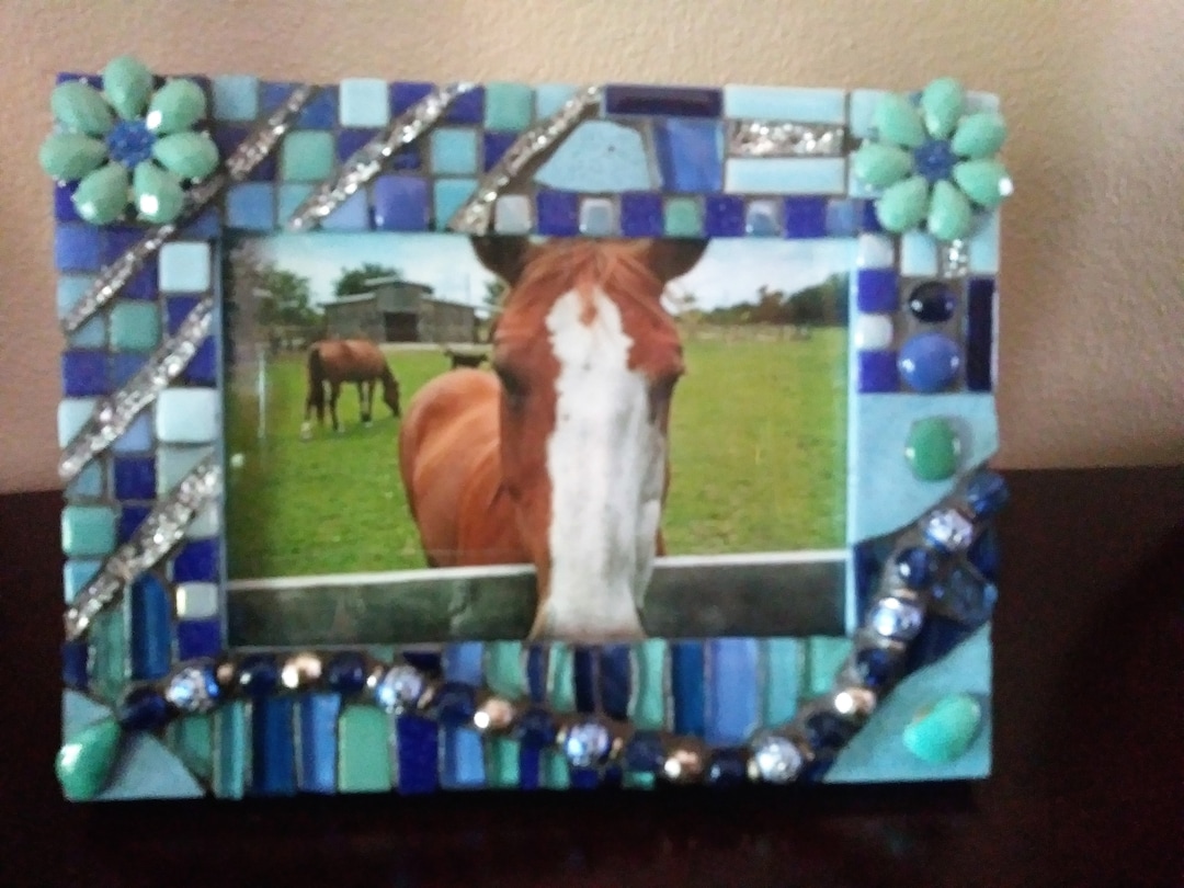 MOSAIC Tabletop Photo Frame,handmade, BLUE Mixed Media Mosaic Frame ...