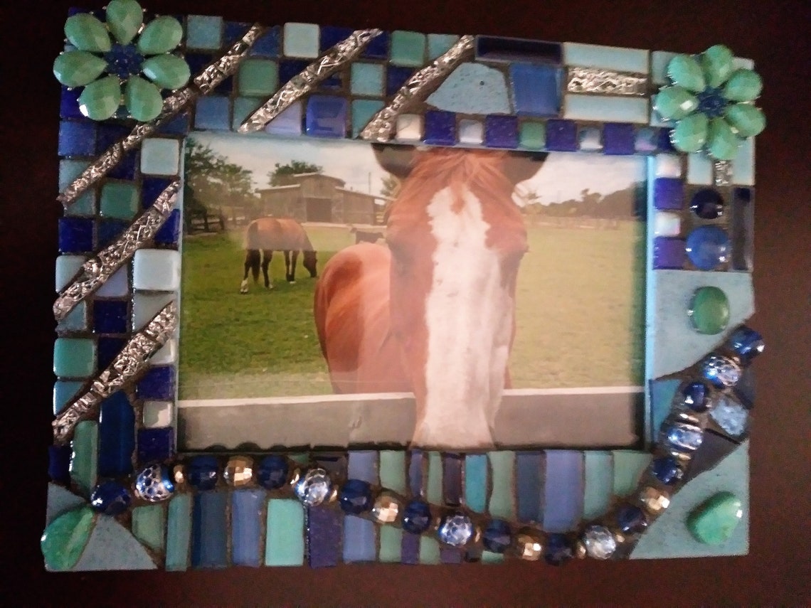 MOSAIC Tabletop Photo Frame,handmade, BLUE Mixed Media Mosaic Frame ...