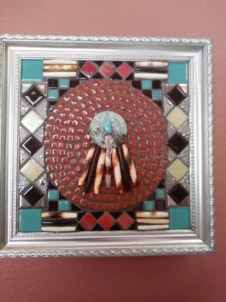MOSAIC ART in Frame, Mixed Media,ooak,turquoise,bone,silver,black,coral ...
