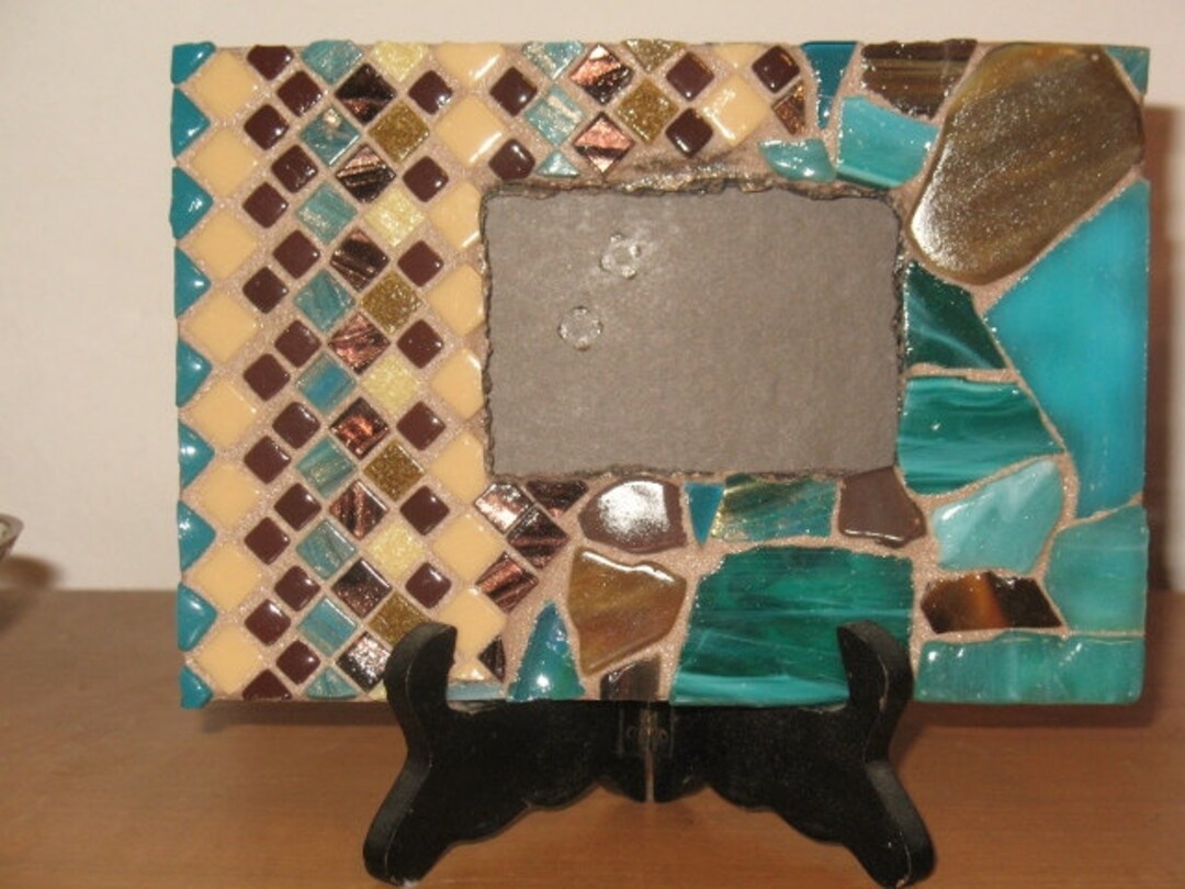 MOSAIC PHOTO Picture FRAME Chocolate Brown, Tan , Teal Mosaic Glass ...