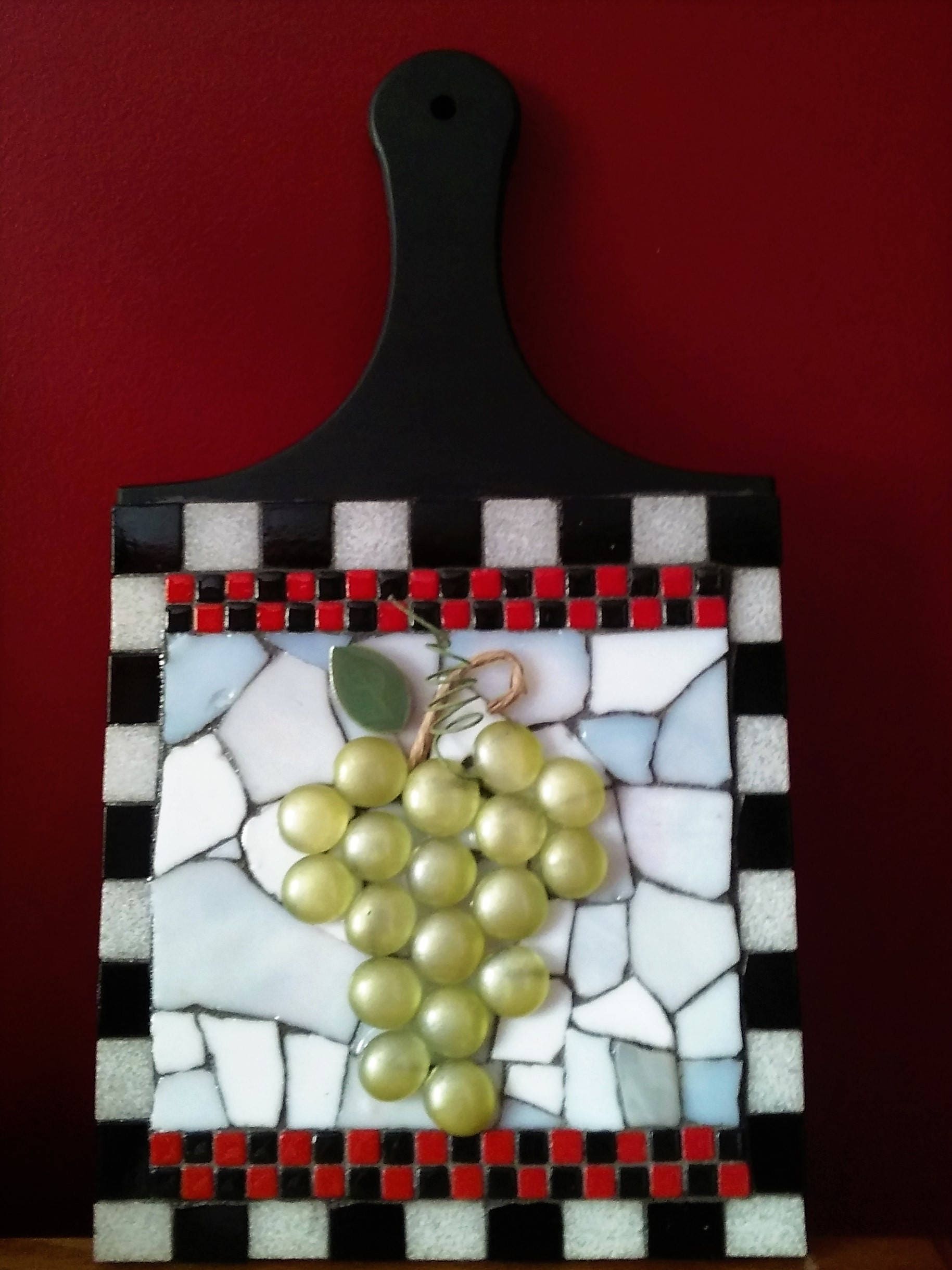 MOSAIC GRAPES WALL Hanging Bread Board Mixed Media Mosaic Art Red White ...
