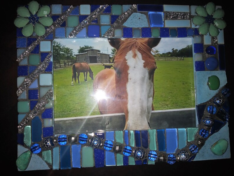 MOSAIC Tabletop Photo Frame,handmade, BLUE Mixed Media Mosaic Frame ...