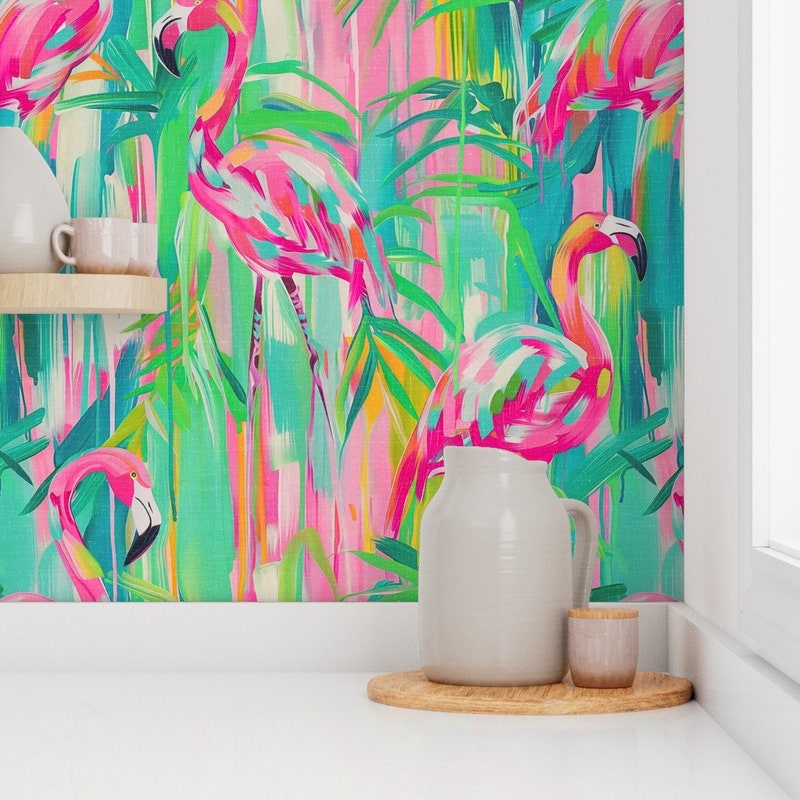Wallpaper Tropical Flamingo - Etsy