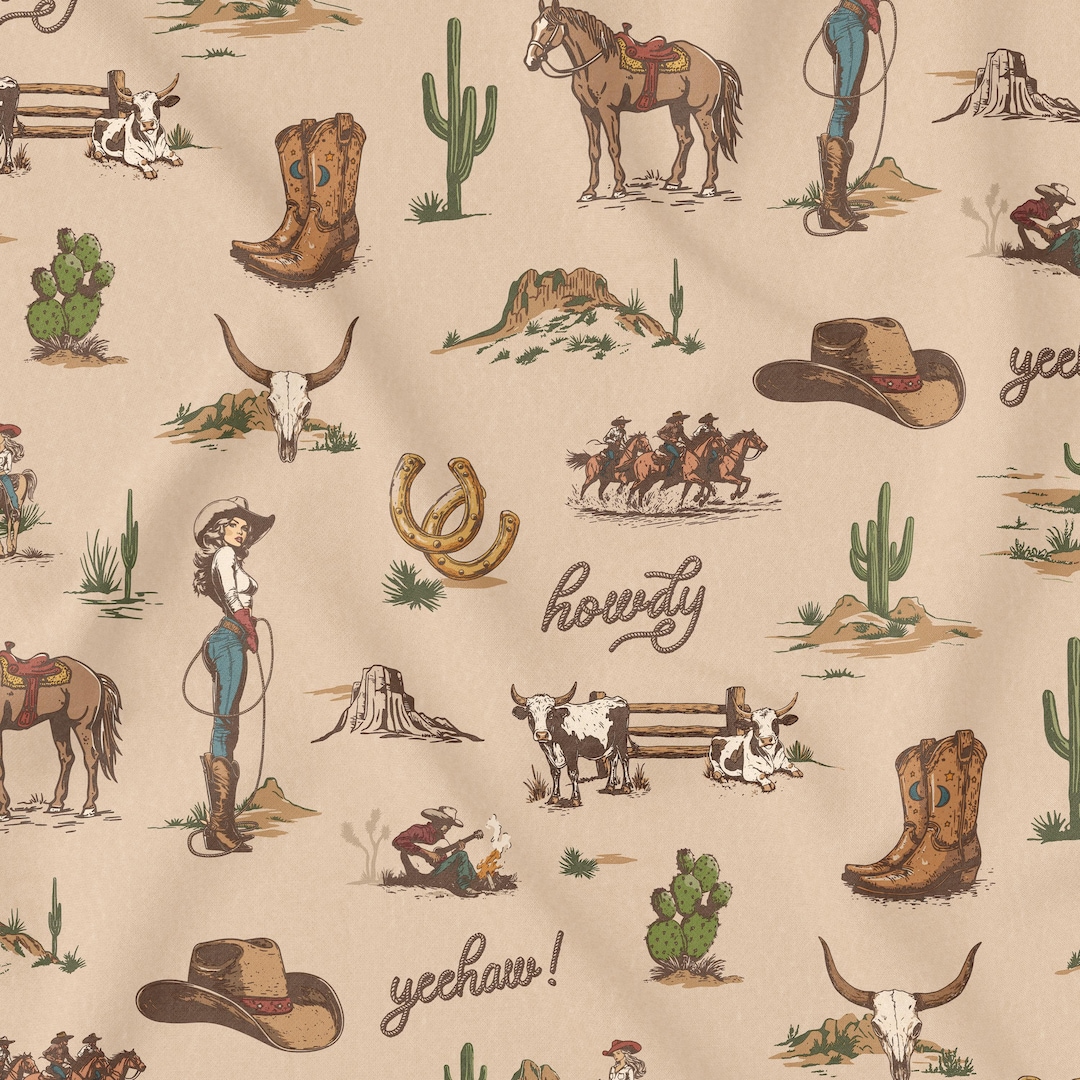 Western Americana Cowgirl Fabric | Vintage Cowboy, Cacti & Horses Print ...