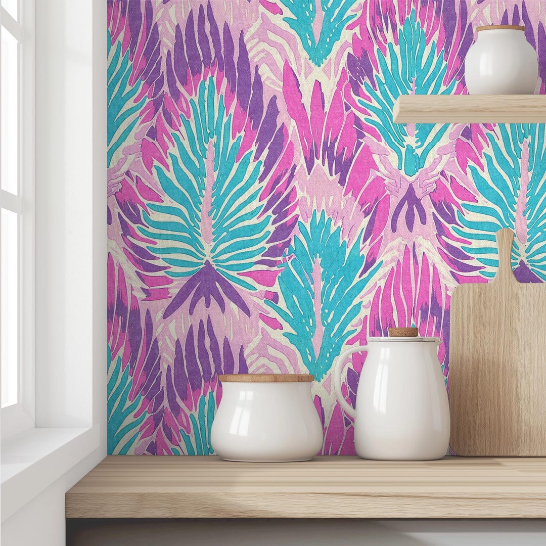 Boho Feather Wallpaper Teal Magenta Violet Abstract Bohemian Wall Mural ...