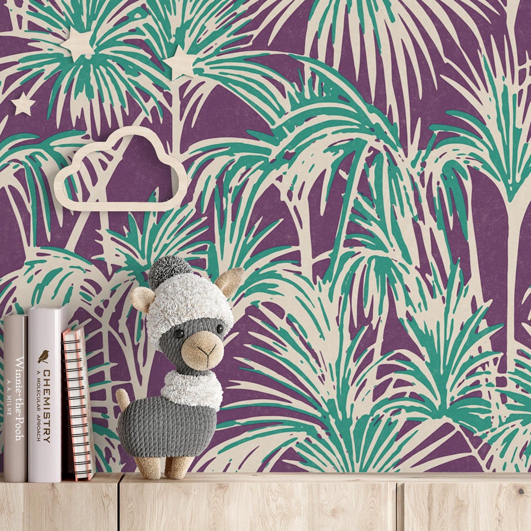 Preppy Palm Tree Wallpaper - Tropical Fan Palm Wallpaper - Teal and ...