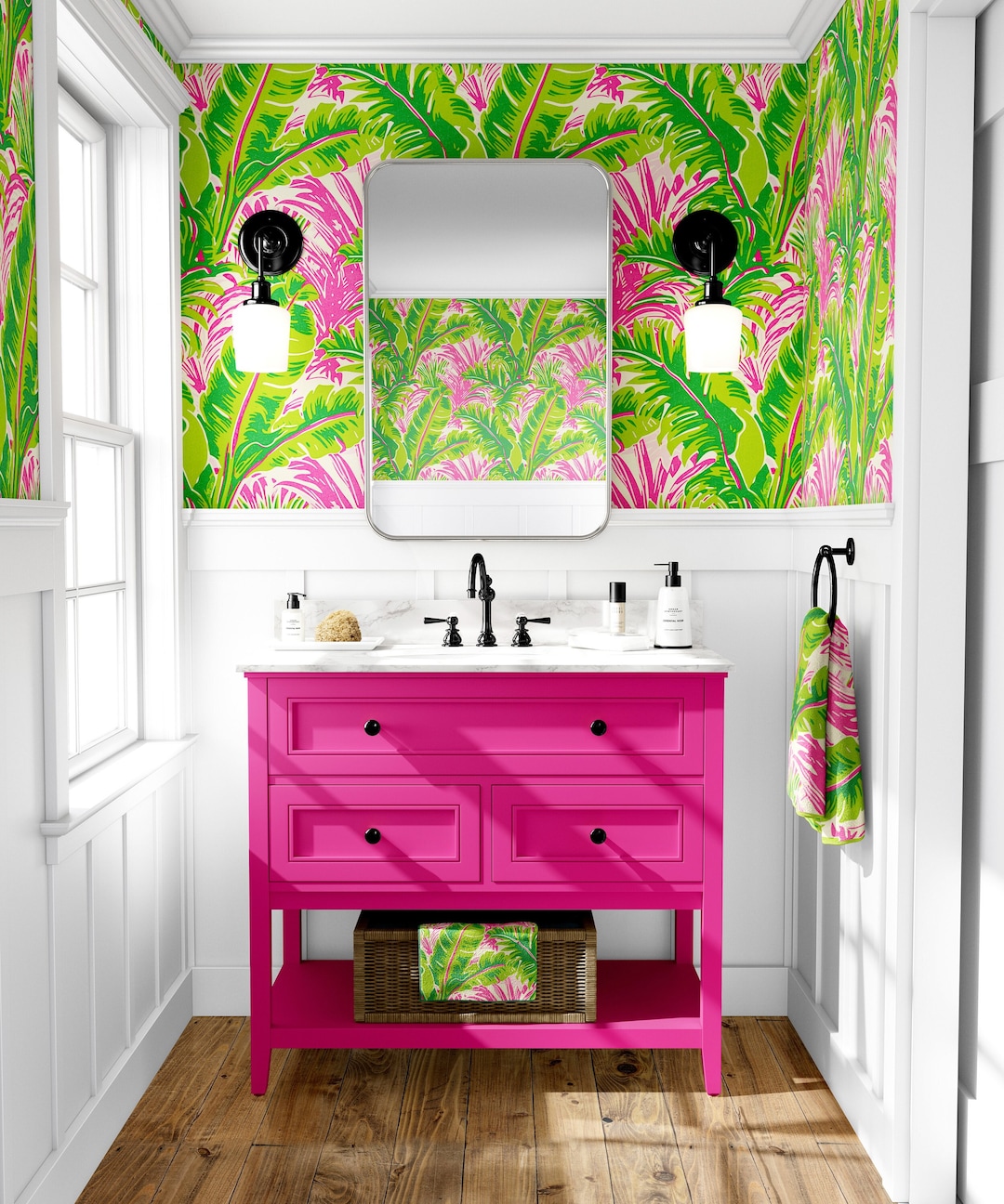 Green Lime Pink Tropical Leaves Wallpaper Vibrant Beach Island House ...