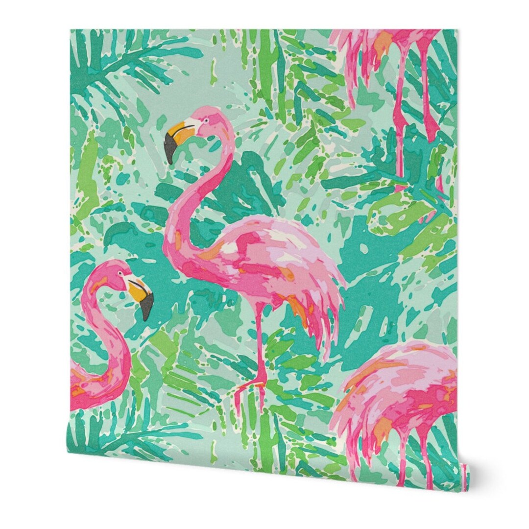 Preppy Flamingo Wallpaper - Teal Green Palms Wallpaper | Abstract ...