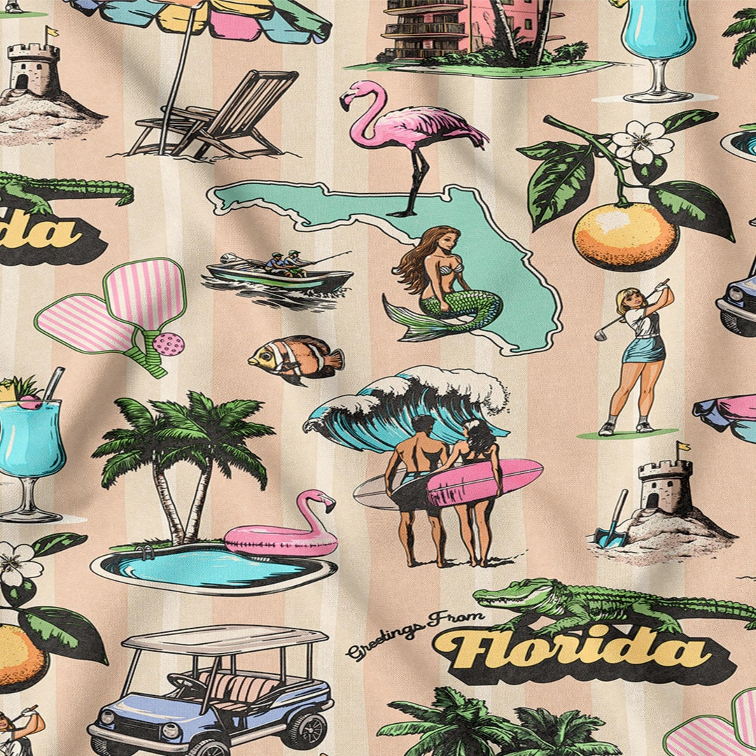 Retro Florida Fabric: Coastal Icons Print - Cotton & Linen - Etsy