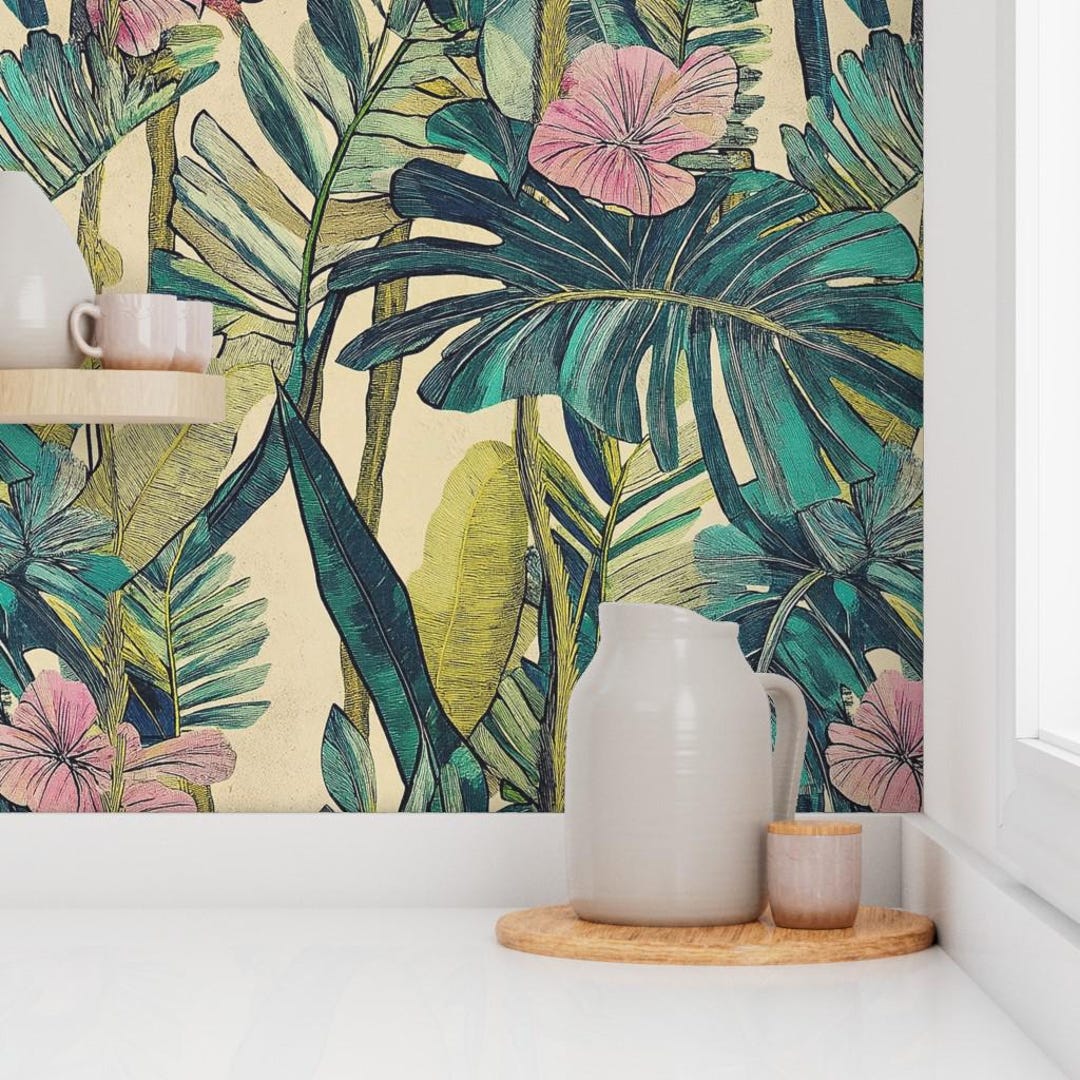 Vintage Tropical Palm and Floral Botanical Pattern Wallpaper ...