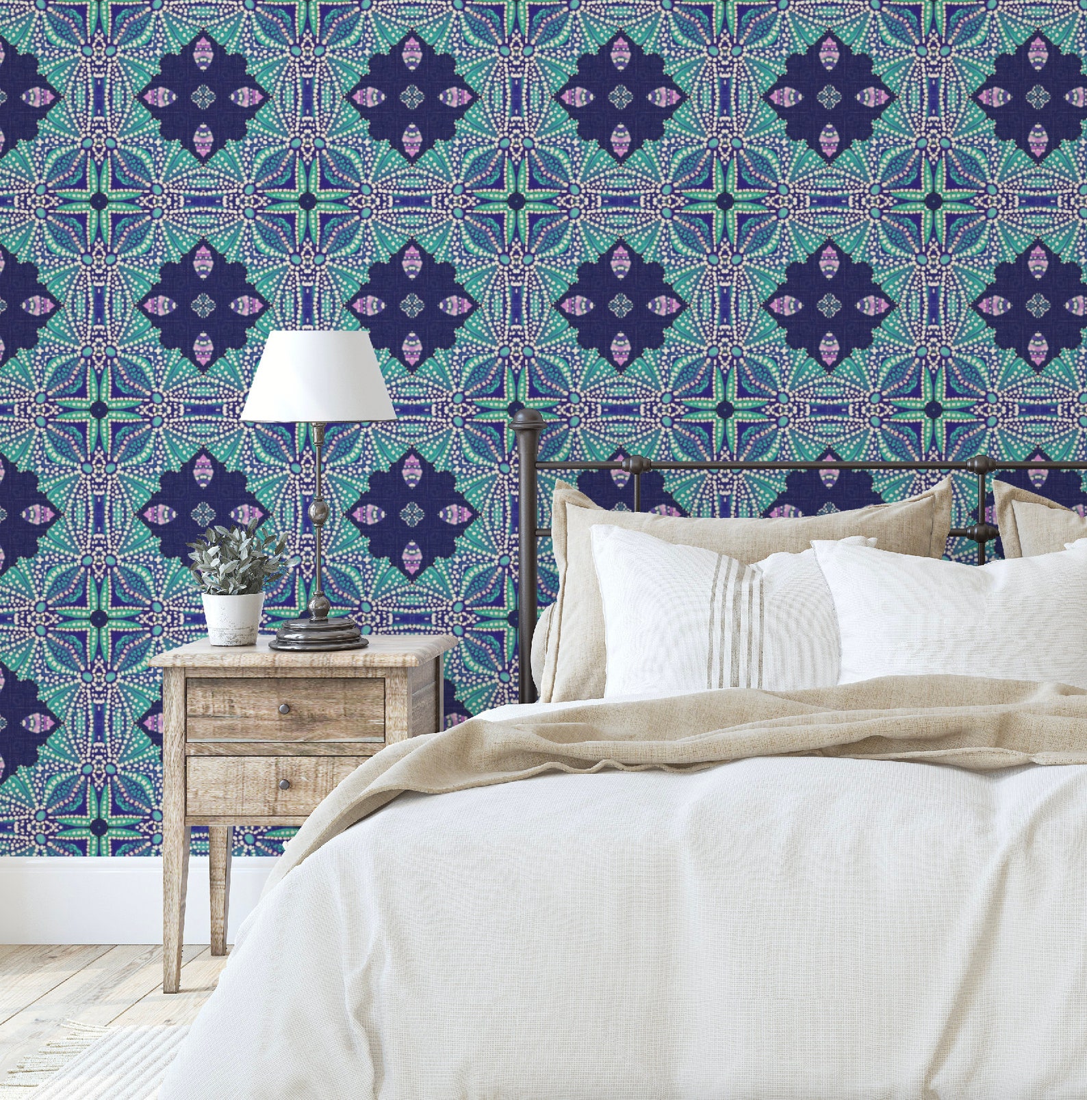 Opulent Pearl Pattern Wallpaper | Navy Aqua Purple, Peel & Stick - Etsy