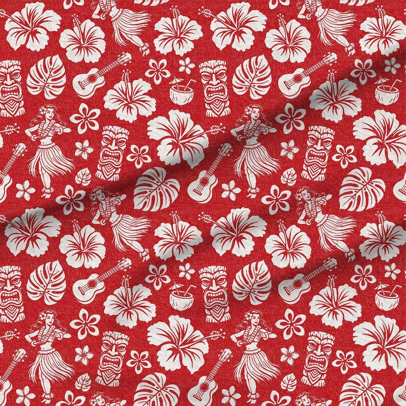 Hawaiian Shirt Fabric | Color Options | Tiki Print Hibiscus Tropical ...