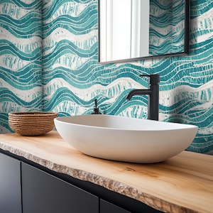 Embroidered Wavy Lines Wallpaper | Aqua Green, Teal, and White Coastal ...