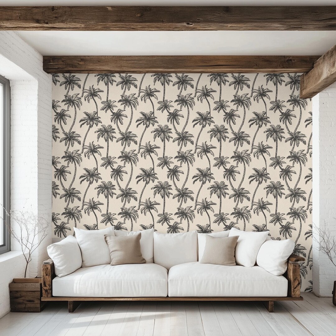 Vintage Palm Tree Wallpaper | Black and Tan Coastal Illustration ...