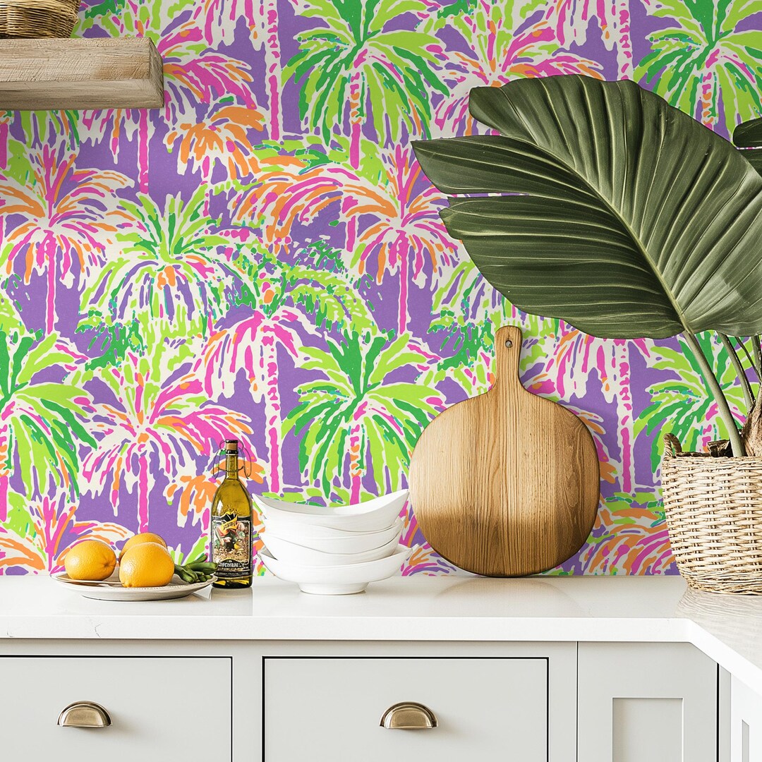 Colorful Tropical Palm Tree Wallpaper | Purple Green Pink Orange Palms ...