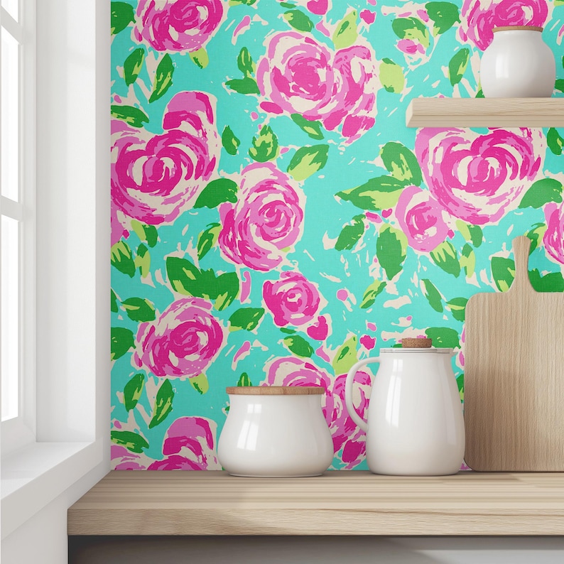 Heart Roses Valentine’s Day Wallpaper - Pink & Green Floral on Aqua for ...