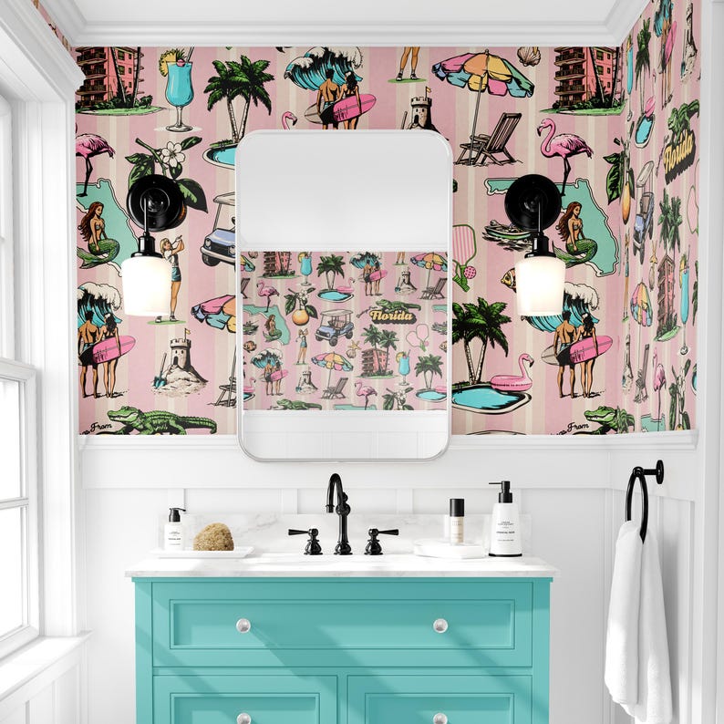 Vintage Palm Tree Florida Wallpaper LARGE | Retro Flamingo and Iconic ...