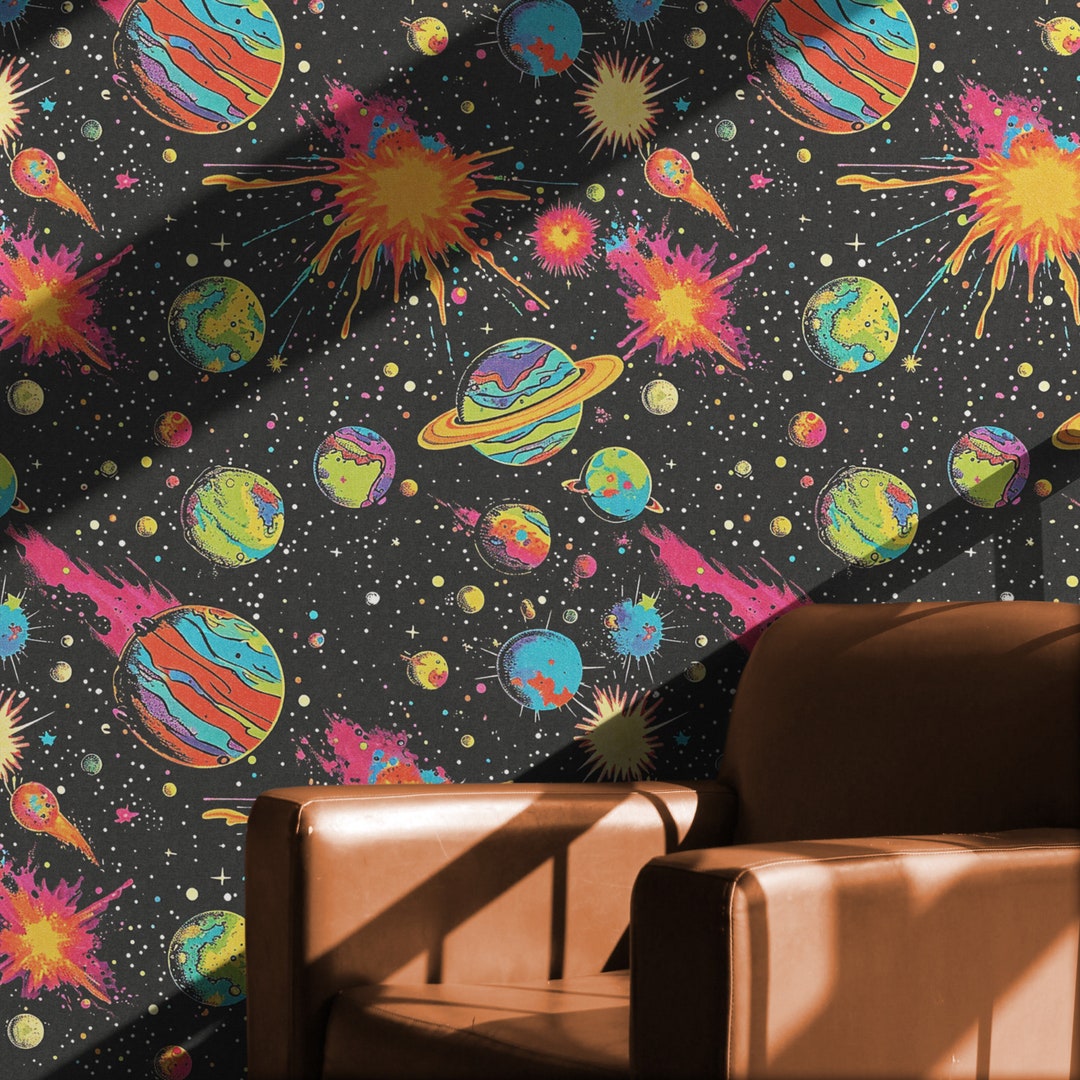 Retro Comic Book Space Scene Wallpaper | Planet and Stars Vintage Moiré ...