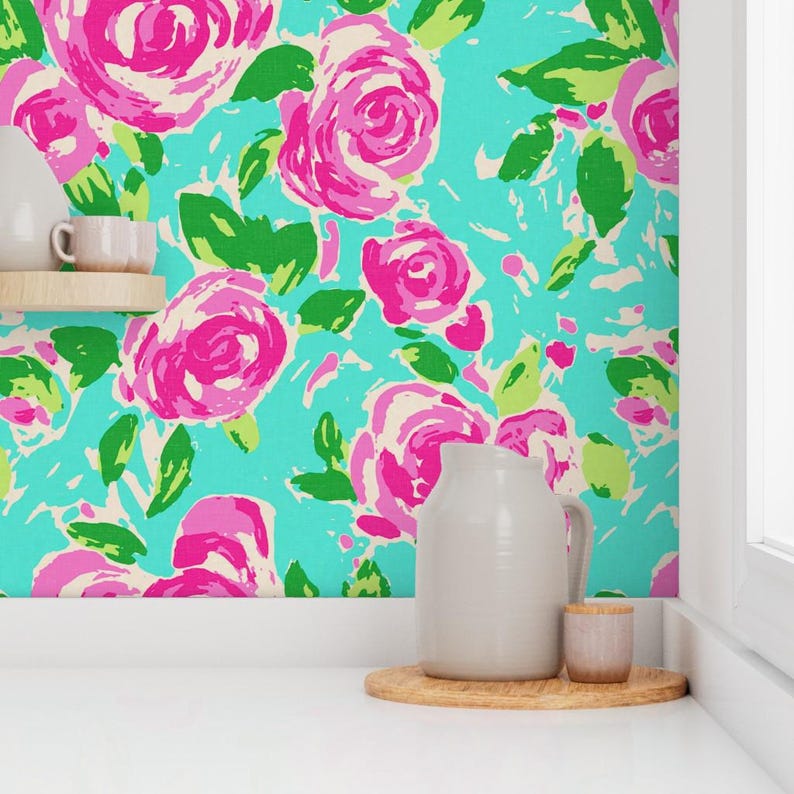 Heart Roses Valentine’s Day Wallpaper - Pink & Green Floral on Aqua for ...