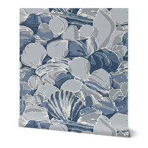 Preppy Gray and Blue Coastal Shell Wallpaper | Grays & Blues on Natural ...