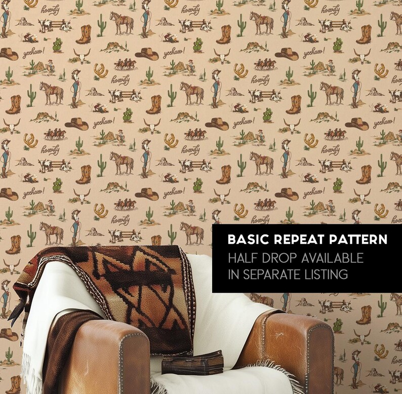 Rustic Western Wallpaper, Basic Repeat Cowboy and Desert Motifs (peel ...