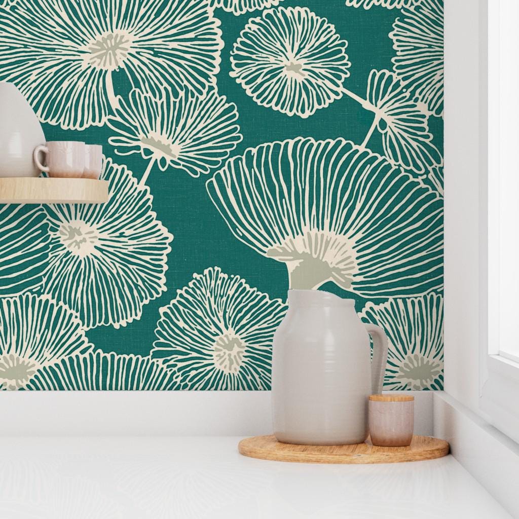 Abstract Bloom Wallpaper | Teal Floral Design | Mid-century Modern ...