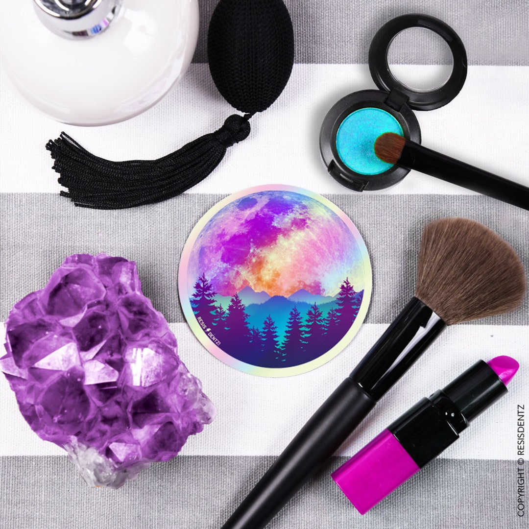 Full Moon Mountain Treeline Sticker, Cool Holographic Moon Sticker ...