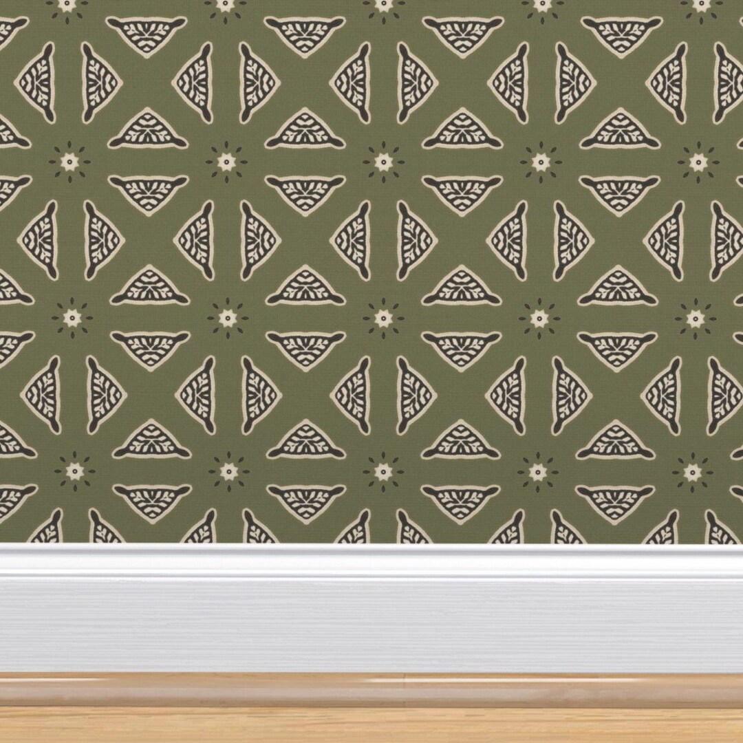 Olive Green Exotic Bohemian Wallpaper | Delicate Detail Pattern | Black ...