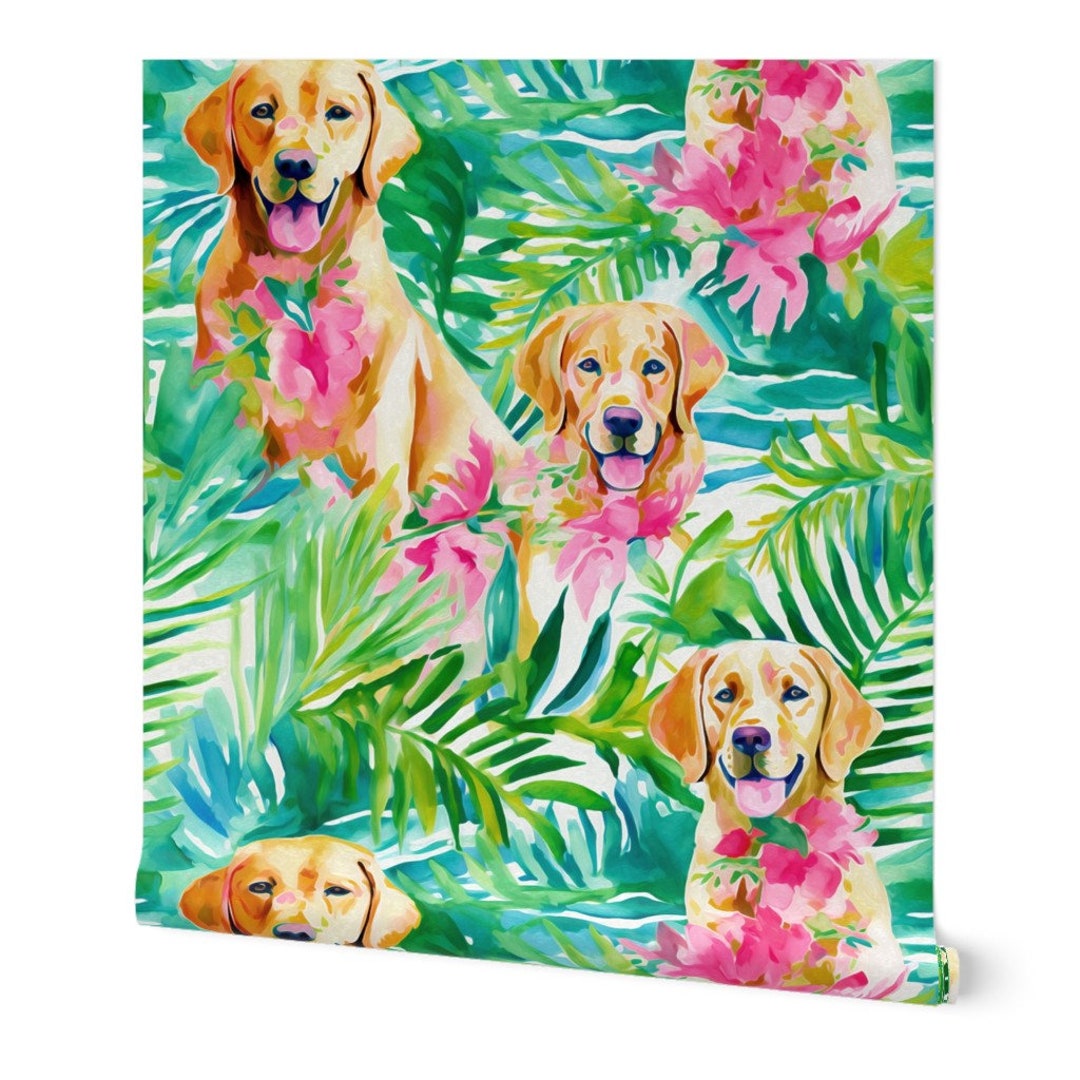 Golden Labrador Retriever Tropical Wallpaper | Dog Wallpaper | Peel and ...