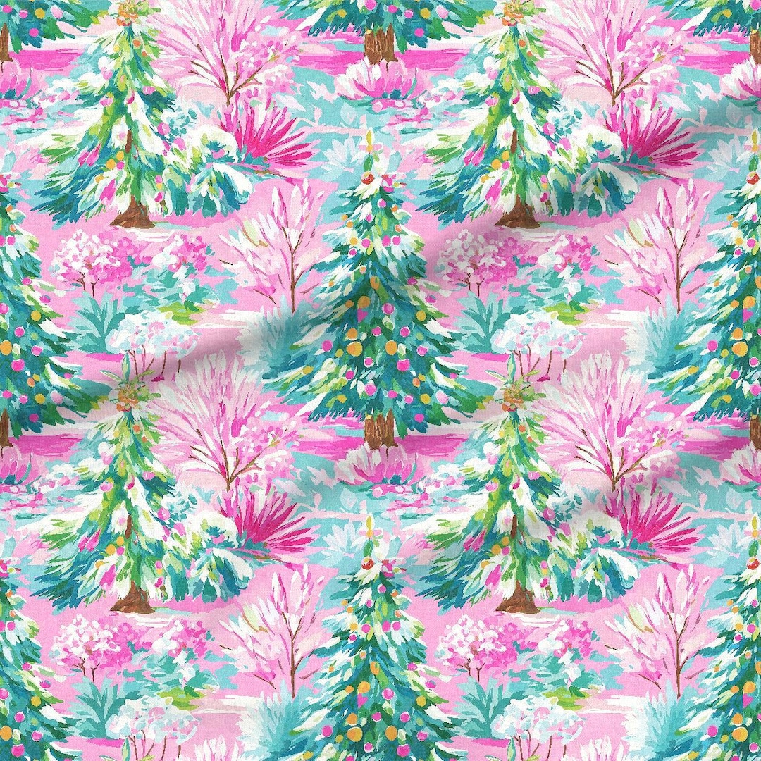 Whimsical Winter Tree Fabric Pink Snowy Forest Holiday Print | Swatches ...