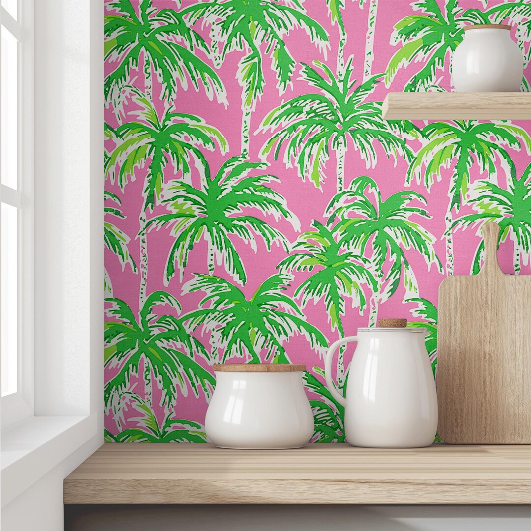 Preppy Palm Tree Wallpaper - Southern Charm Pink and Green Coastal ...