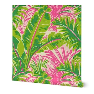 Green Lime Pink Tropical Leaves Wallpaper | Vibrant Beach Island House ...