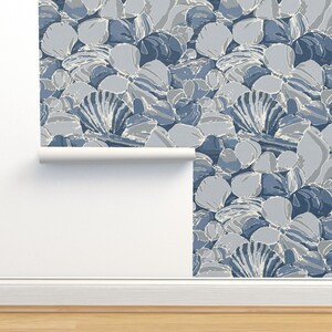 Preppy Gray and Blue Coastal Shell Wallpaper | Grays & Blues on Natural ...
