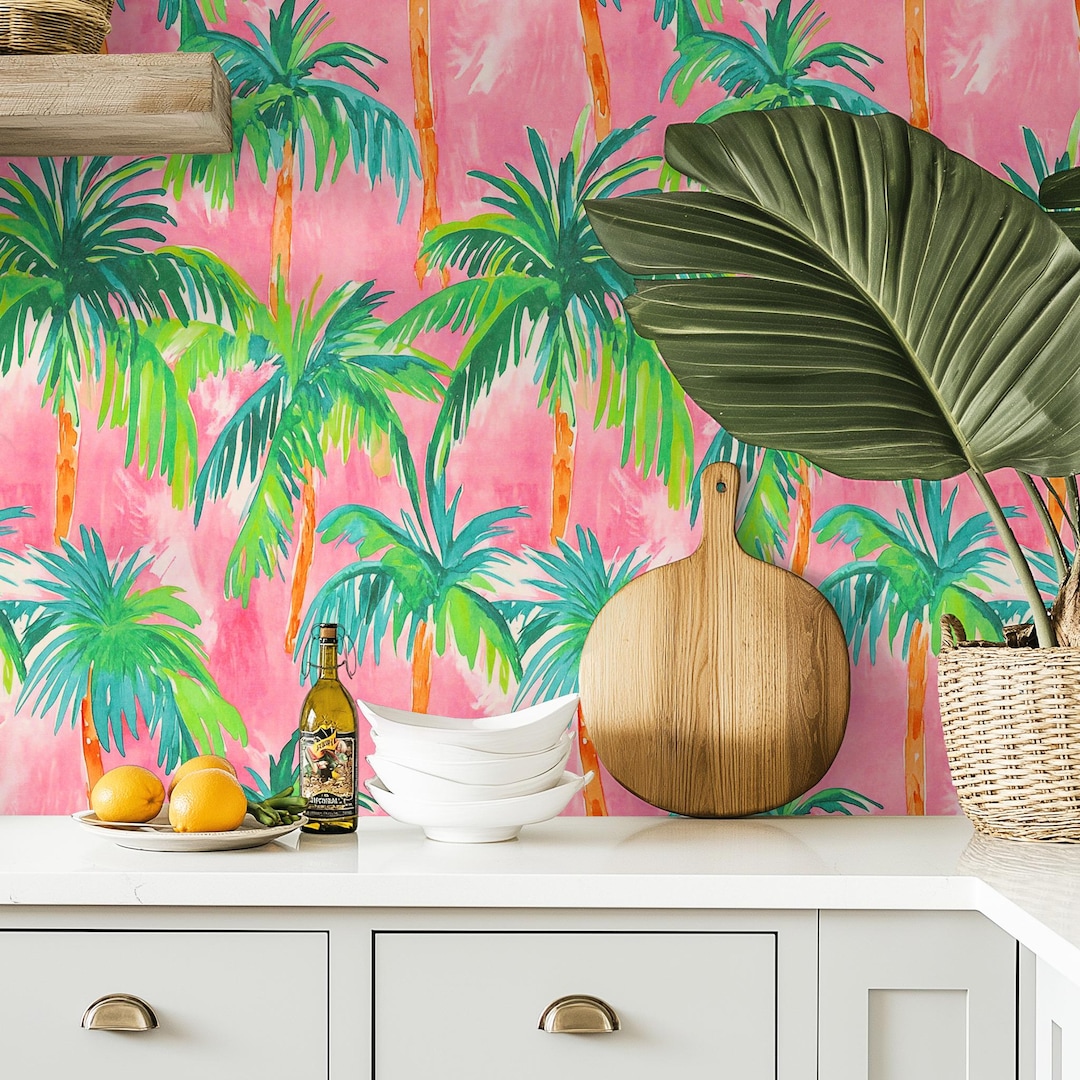 Pink Tropical Palm Tree Wallpaper - Watercolor Island-inspired Design ...