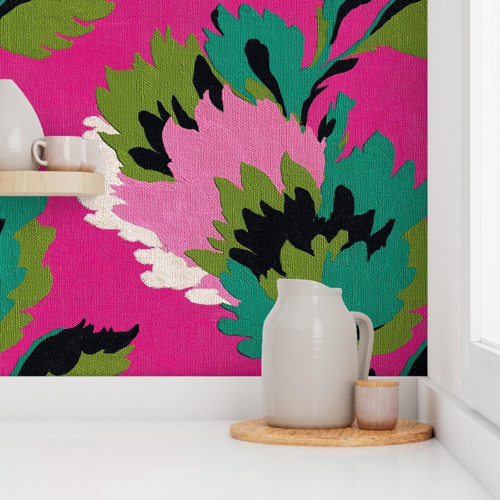 Bohemian Summer Floral Wallpaper - Pink and Teal Botanical on Linen ...
