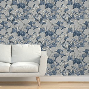 Preppy Gray and Blue Coastal Shell Wallpaper | Grays & Blues on Natural ...
