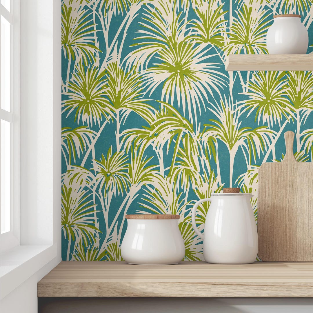 Preppy Palm Tree Wallpaper - Tropical Fan Palms Wallpaper - Peel ...